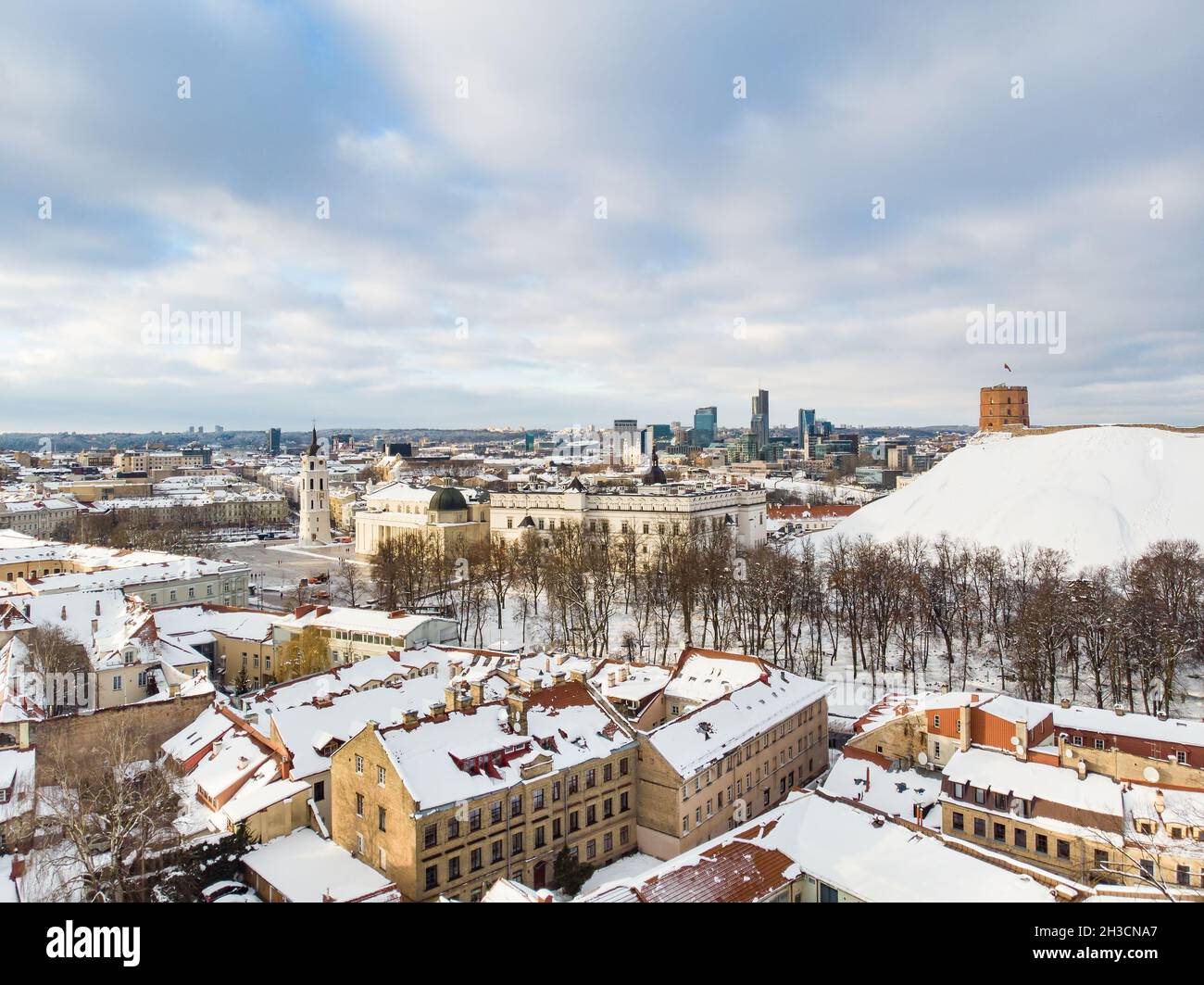 Beautiful Vilnius city panorama in winter with snow covered houses ...