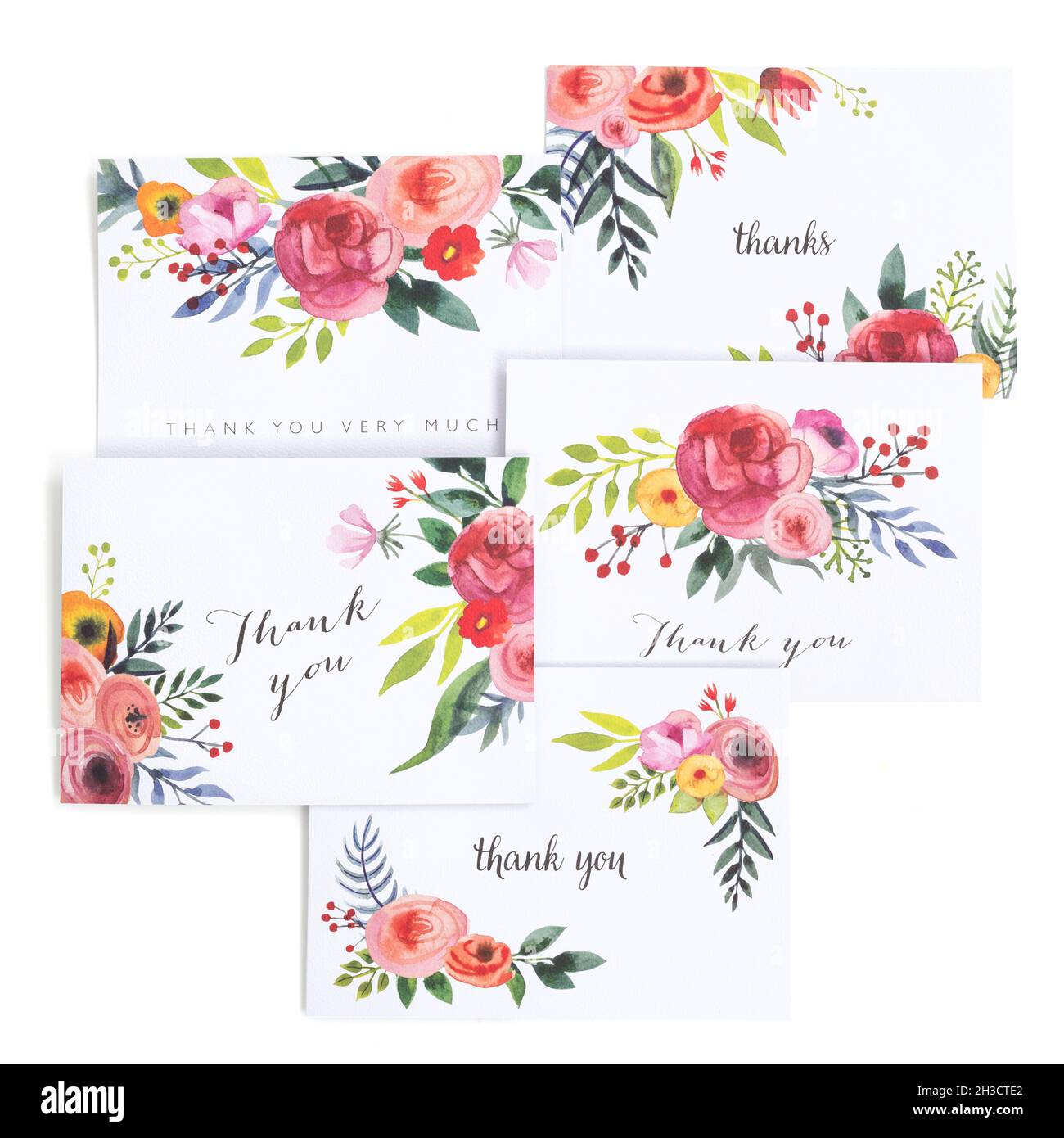Bunch of white thank you cards decorated with flowers Stock Photo - Alamy