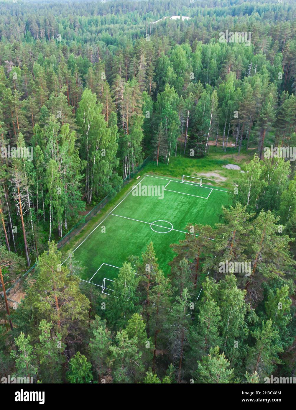 Aerial drone view of football soccer pitch field, green grass summer ...