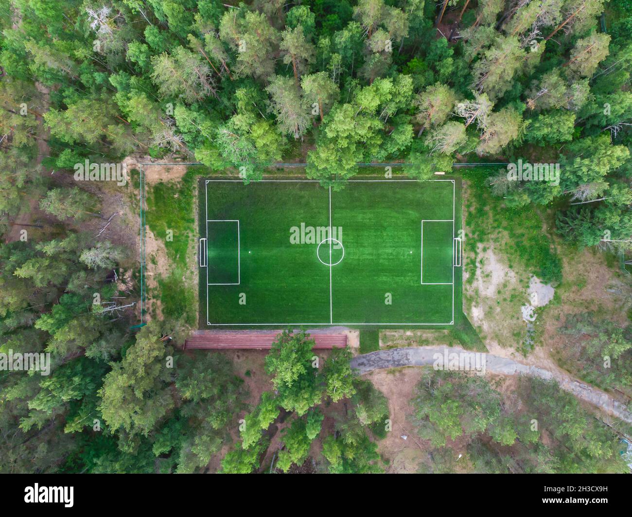 Aerial drone view of football soccer pitch field, green grass summer ...