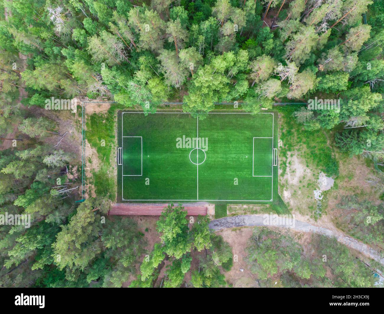 Aerial drone view of football soccer pitch field, green grass summer ...