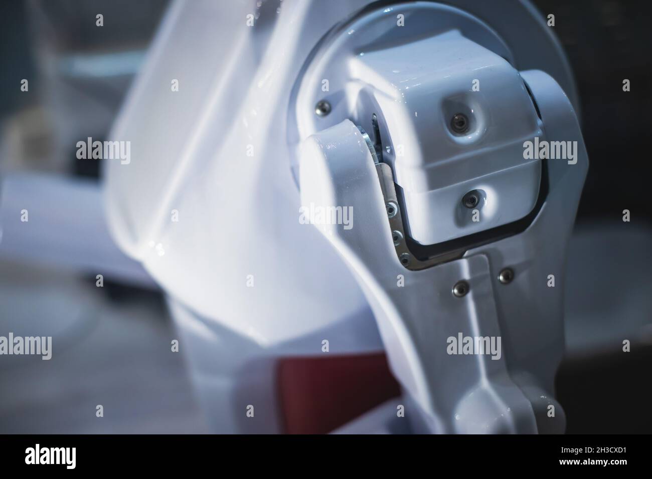 Hydraulic mechanical cyborg robot arm in hand shake gesture, robotized ...