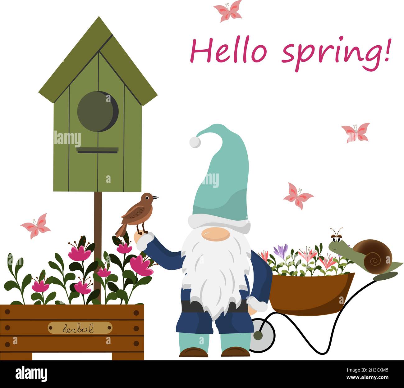 Card with little gnome, bird and birdhouse, flowers and garden cart ...