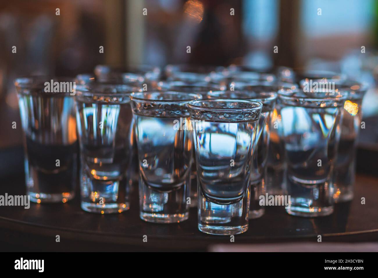 View of alcohol setting on catering banquet table, row line of an ice ...