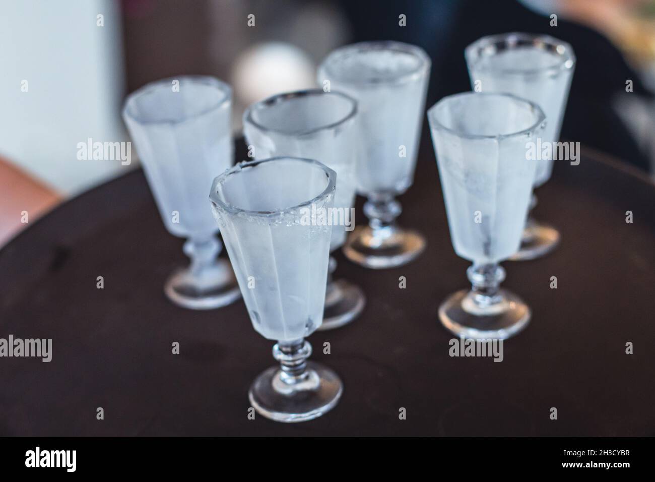 View of alcohol setting on catering banquet table, row line of an ice ...