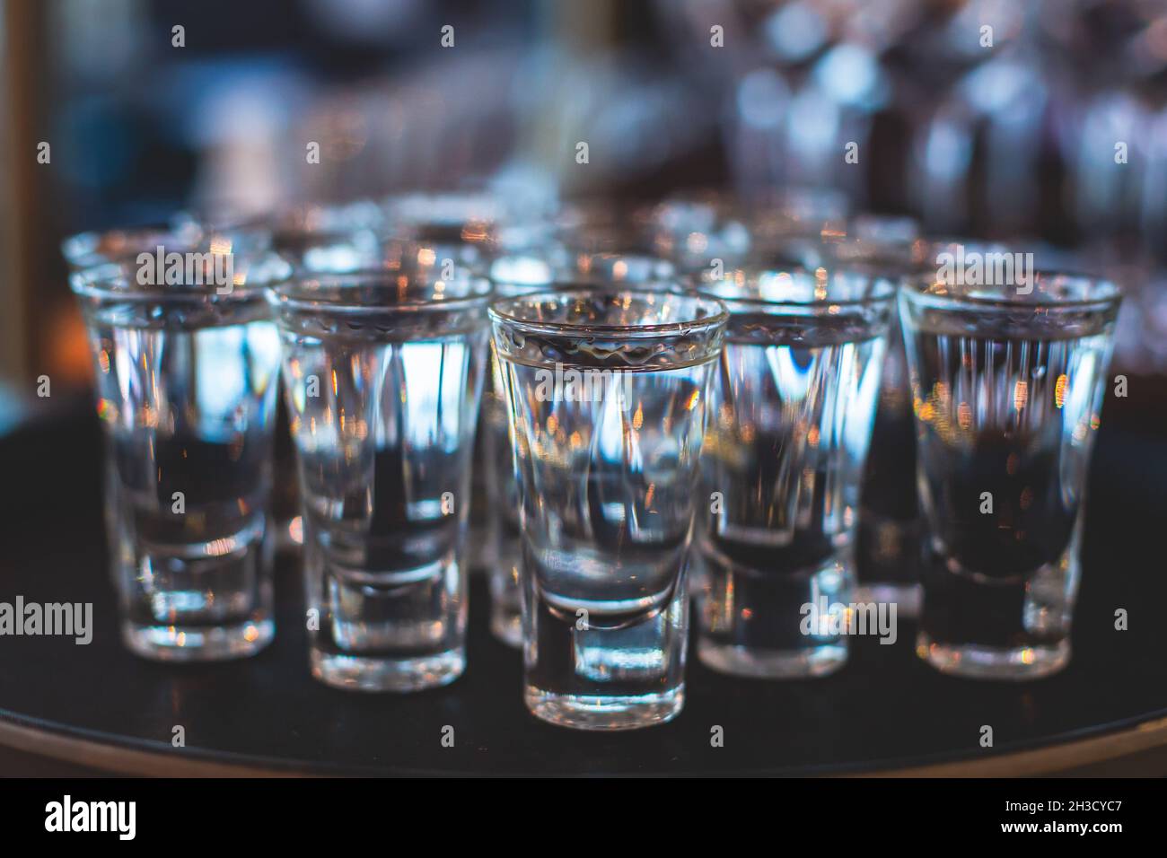 View of alcohol setting on catering banquet table, row line of an ice ...