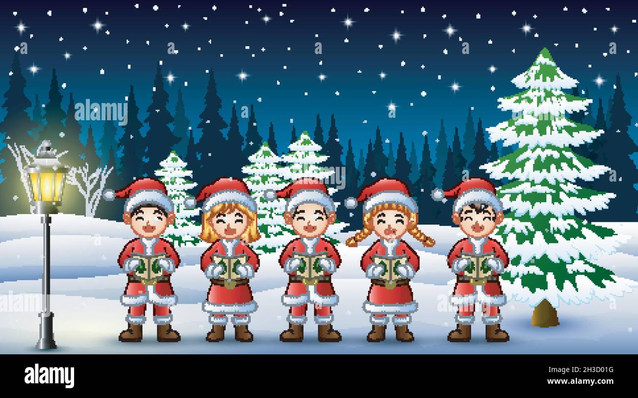 Group of kids in red santa costume singing christmas carols on the ...