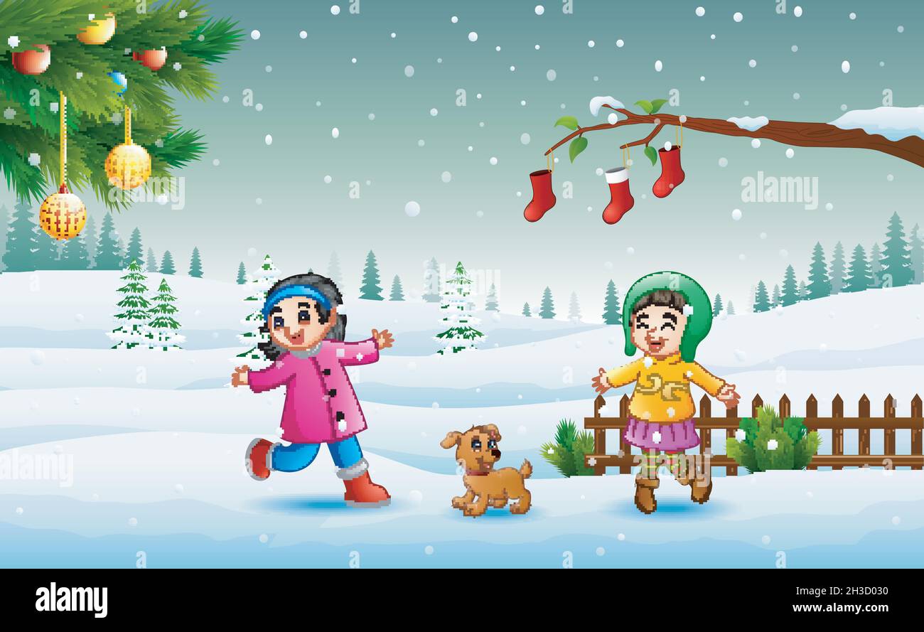 Cartoon kids playing on snow hi-res stock photography and images - Alamy