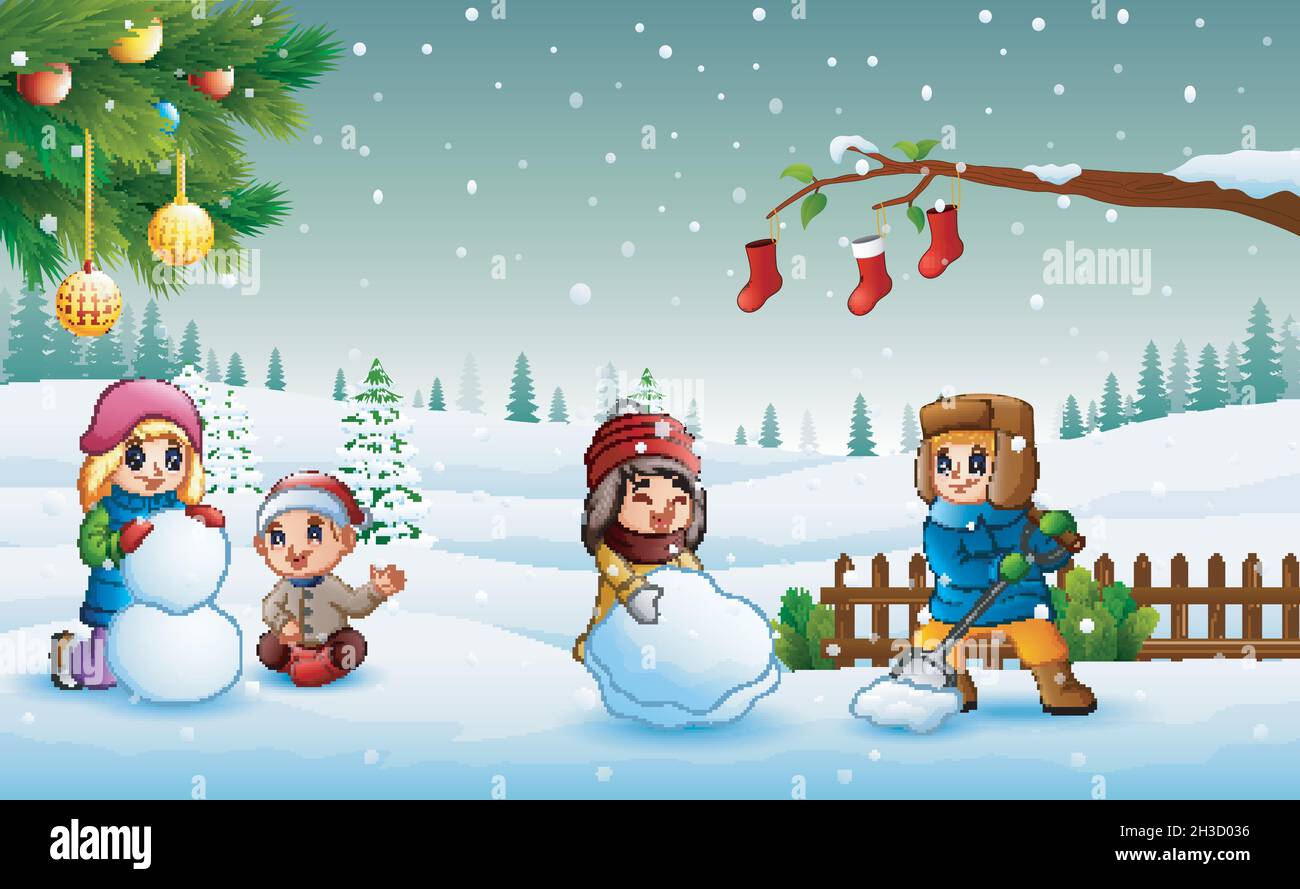 Cartoon kids playing on snow hi-res stock photography and images - Alamy