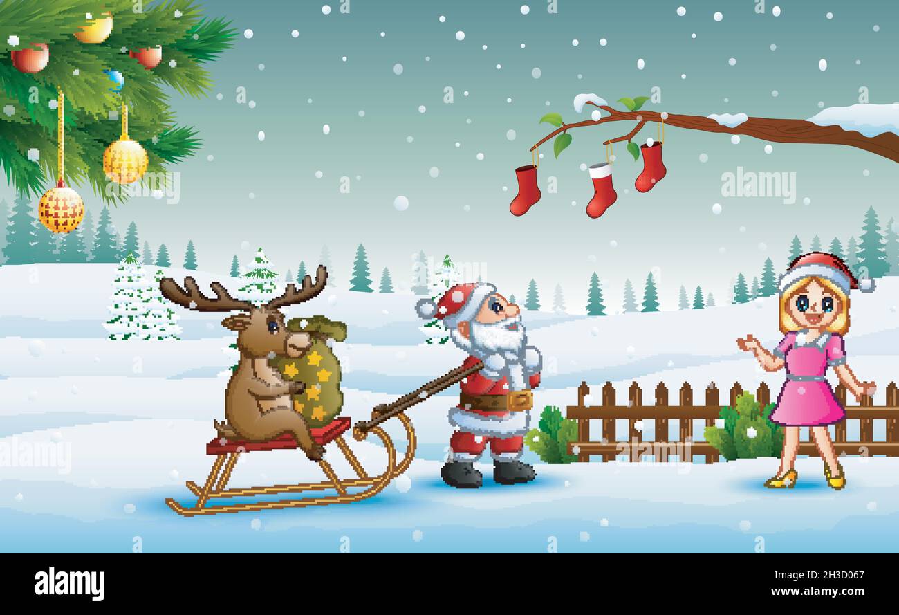 Cartoon funny santa claus pulling reindeer on a sleigh with sack of gifts and the girl Stock ...