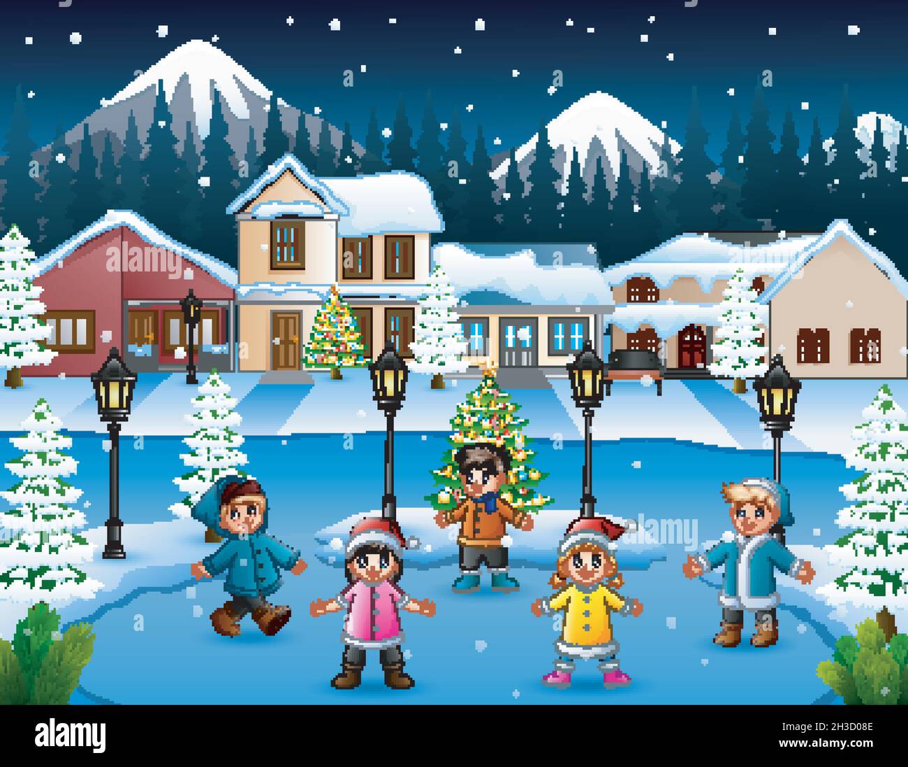 Cartoon of happy kid playing in the snowing village Stock Vector Image ...