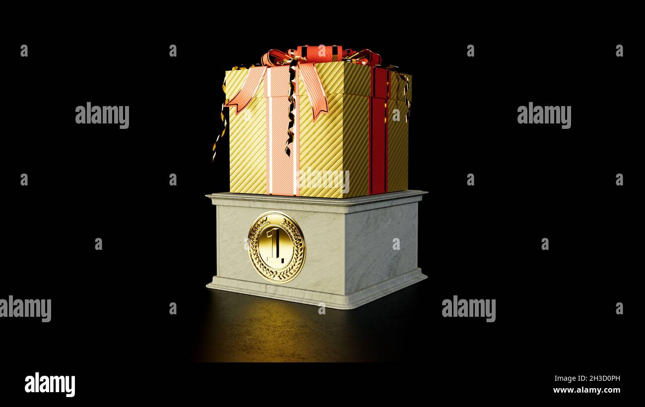 winners award pedestal with present on black, isolated - object 3D ...
