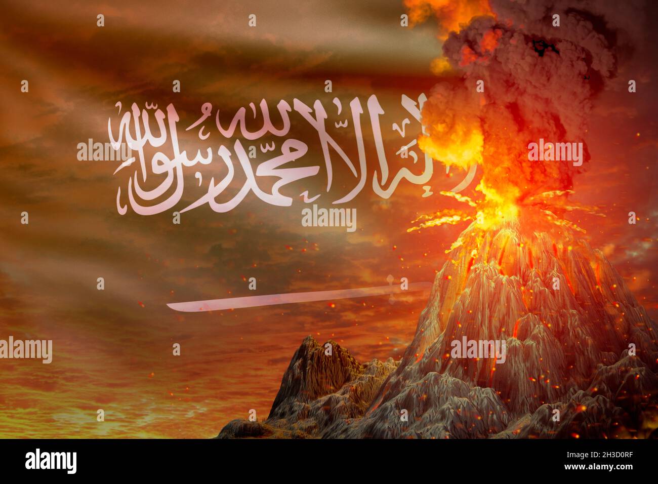 high volcano blast eruption at night with explosion on Saudi Arabia ...