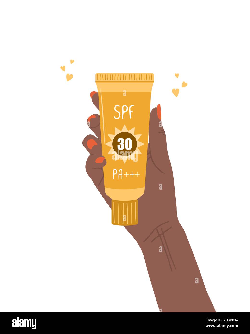 Skin care concept. African female hand holds tube of sunscreen. Facial ...