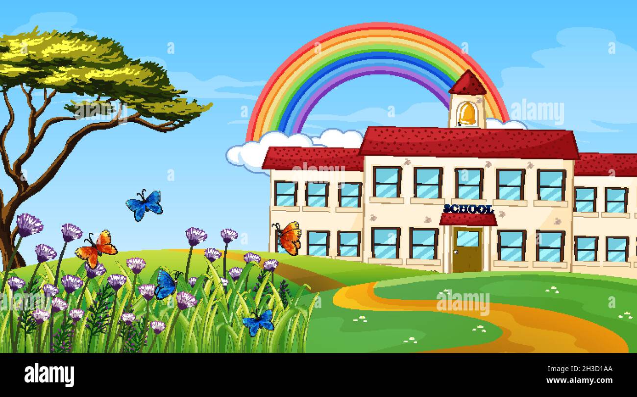 Nature landscape scene with school building and rainbow in the sky ...