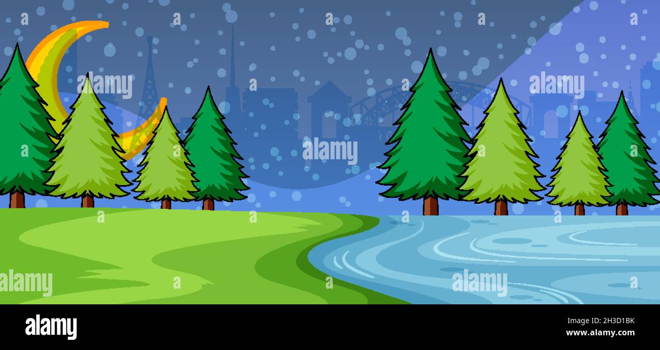 Empty park nature scene at night in simple style illustration Stock ...
