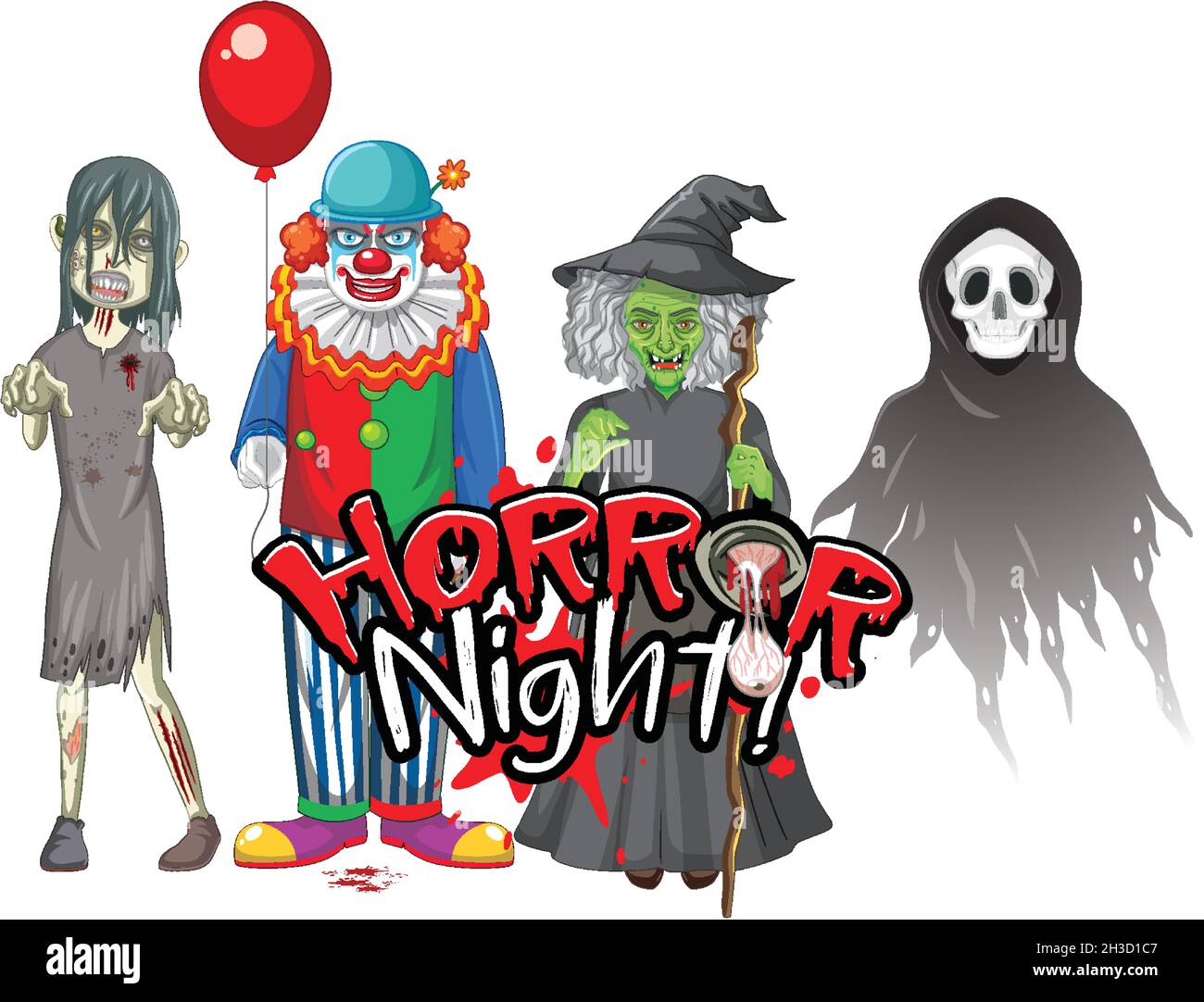 Horror Night text design with Halloween ghost characters illustration ...