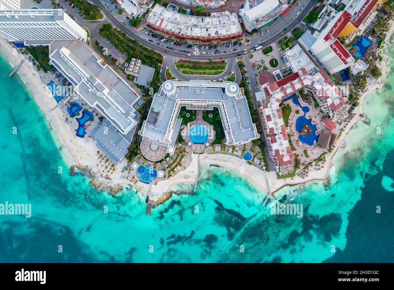 Aerial panoramic view of Cancun beach and city hotel zone in Mexico ...