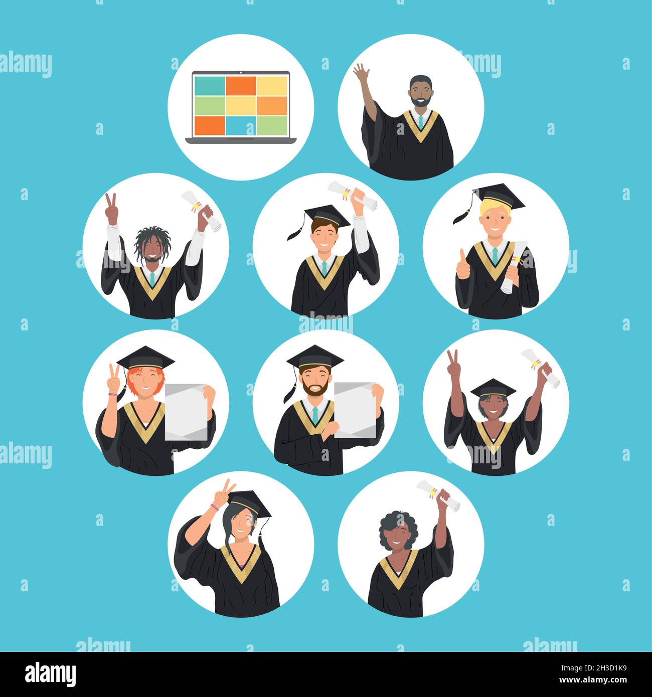 nine students in virtual graduation characters Stock Vector Image & Art ...