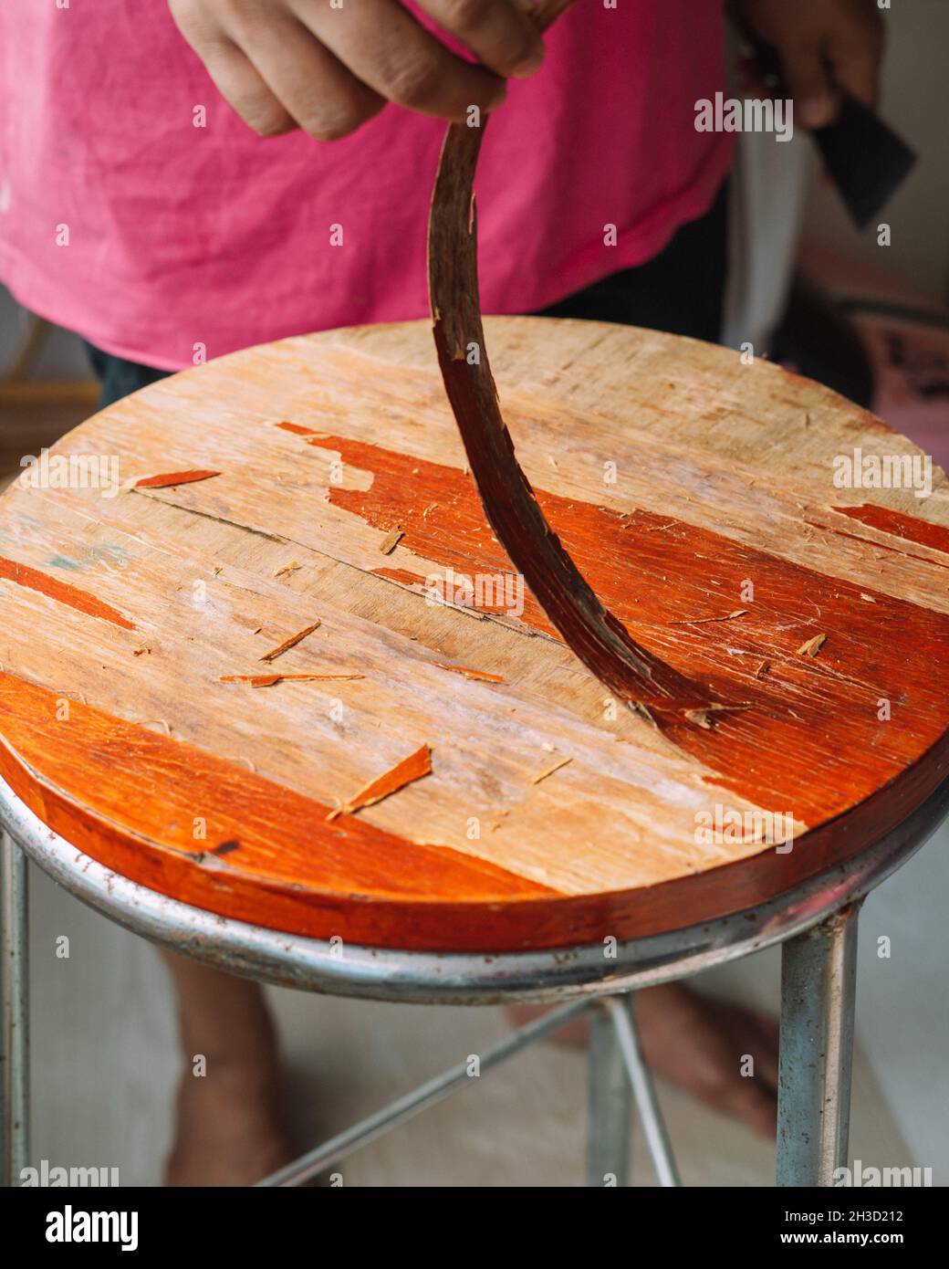 old table laminated peel spokeshave exotic hardwood board chip shavings ...