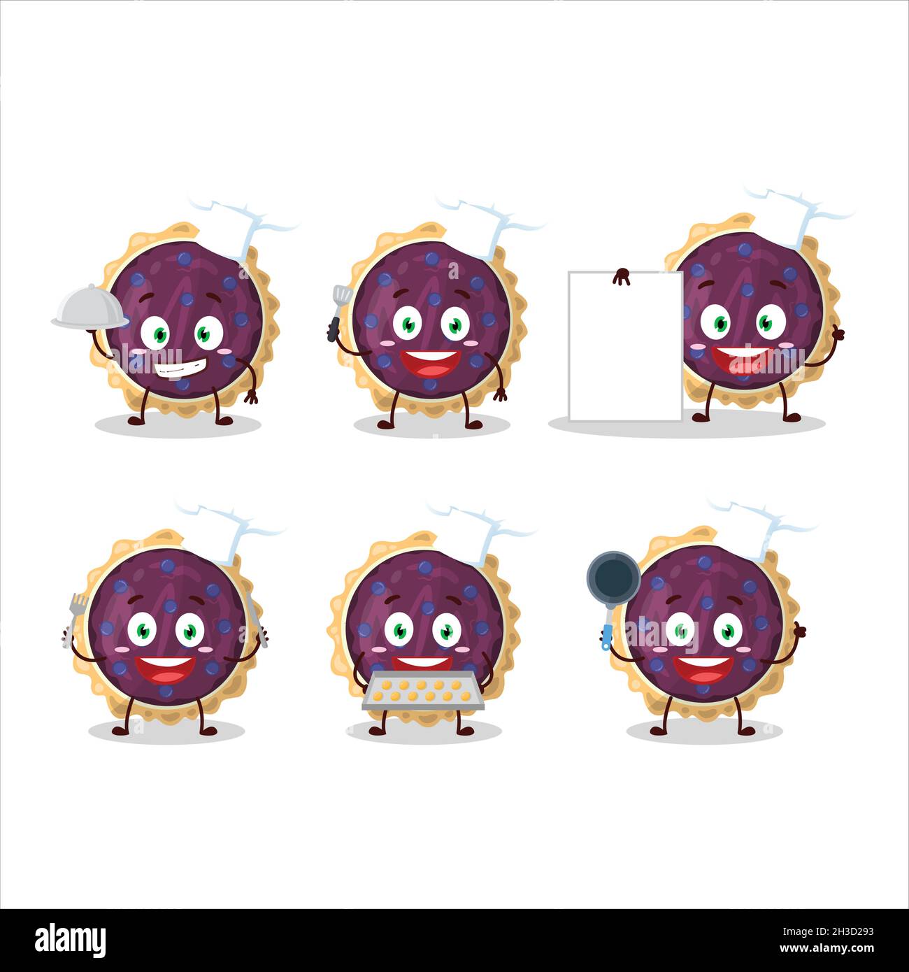 Cartoon character of blueberry pie with various chef emoticons. Vector ...