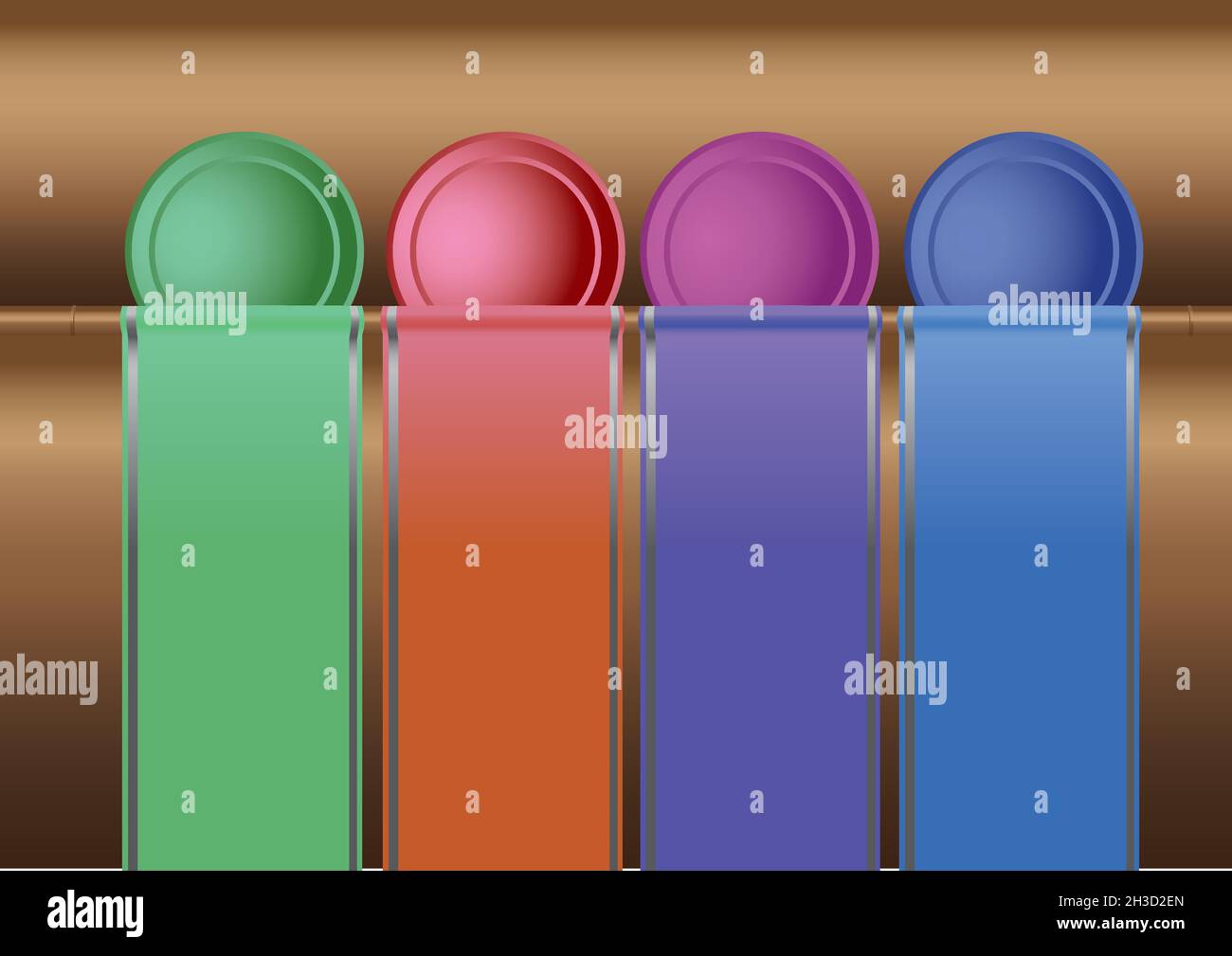 Vector illustration of badges in four different colors with hanging ...