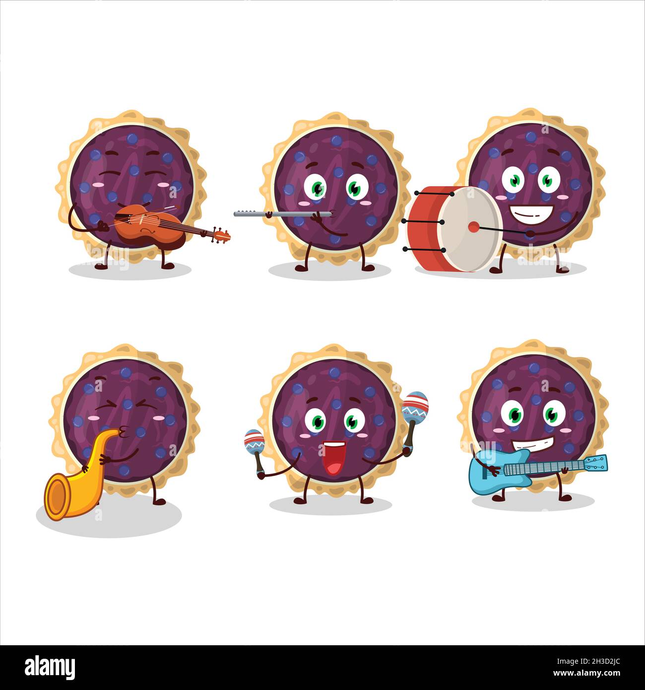 Cartoon character of blueberry pie playing some musical instruments ...