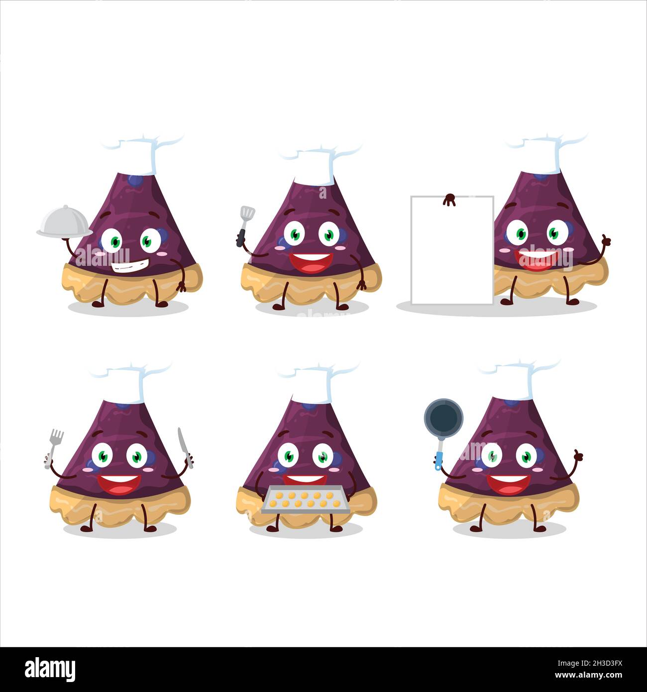Cartoon character of slice of blueberry pie with various chef emoticons ...