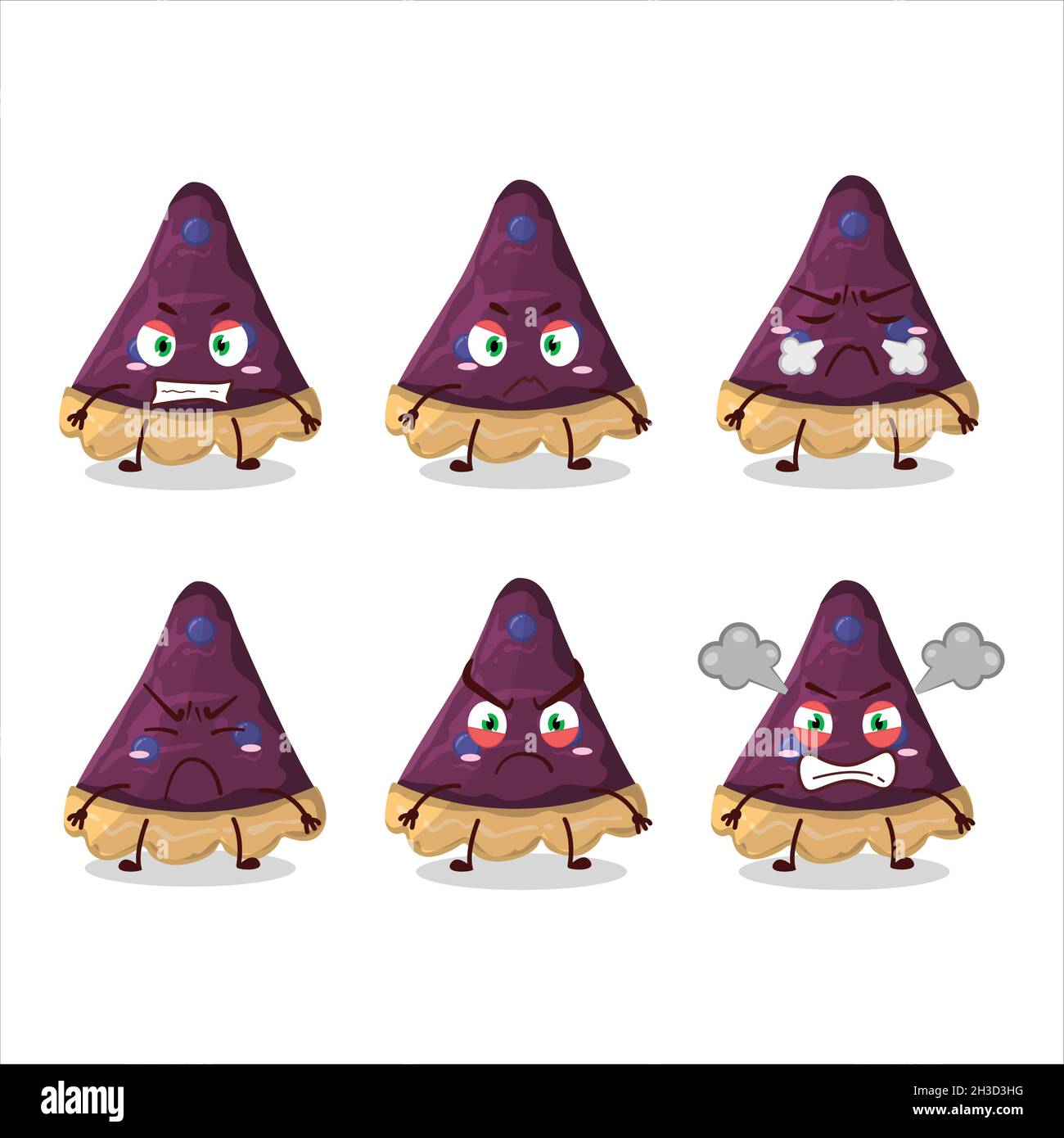 Slice of blueberry pie cartoon character with various angry expressions ...