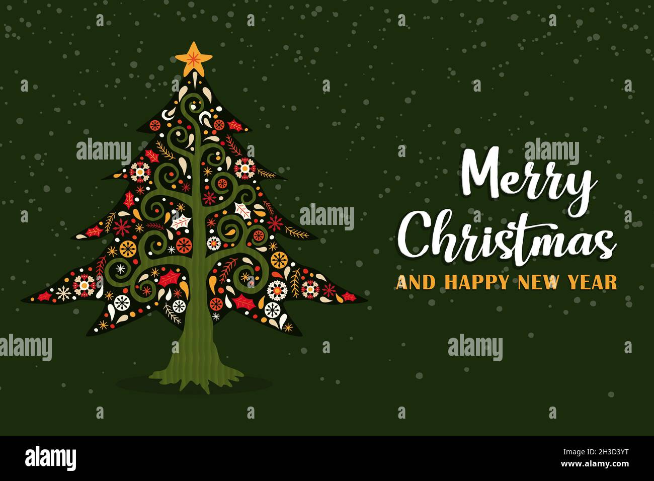 Merry Christmas Happy New Year vintage folk greeting card illustration ...