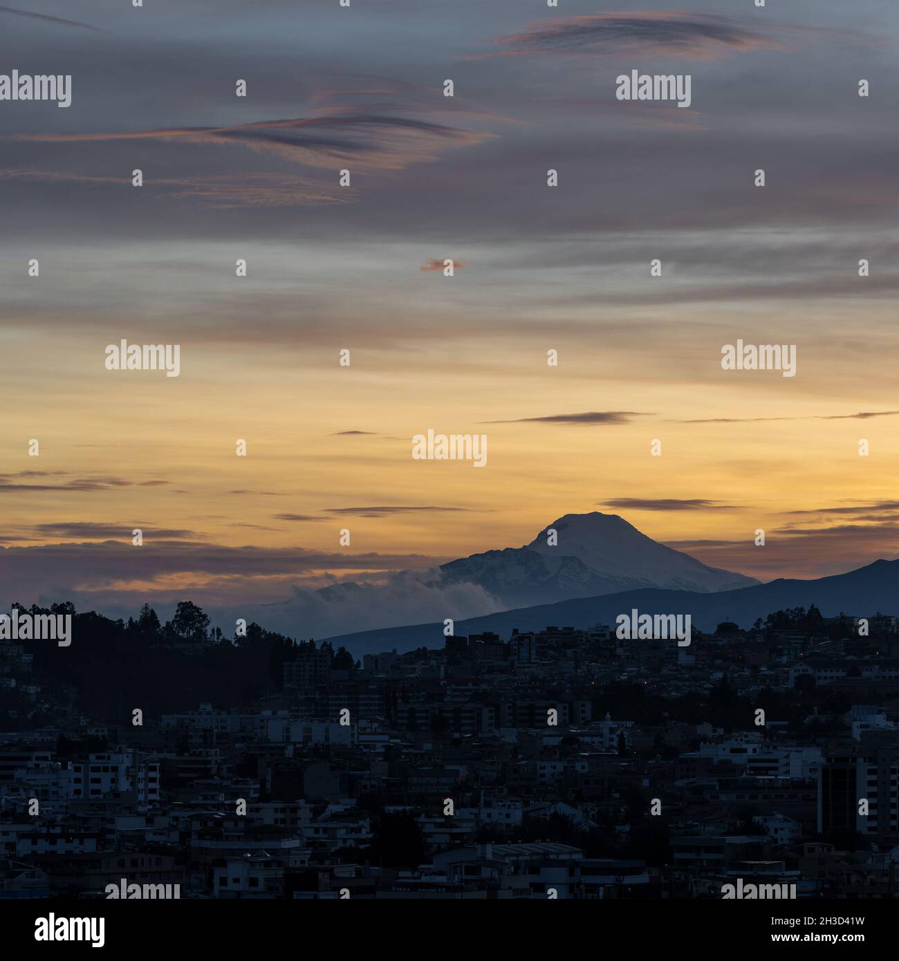 Cayambe volcano at sunrise in square format, Quito, Ecuador Stock Photo ...