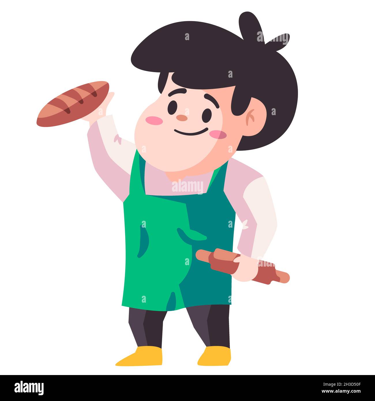 Baker with green apron is holding rolling pin and dough modern cartoon ...