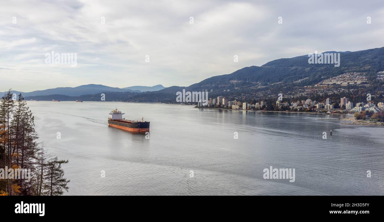 Aerial View of West Vancouver, Burrard Inlet and Container Ship Stock ...
