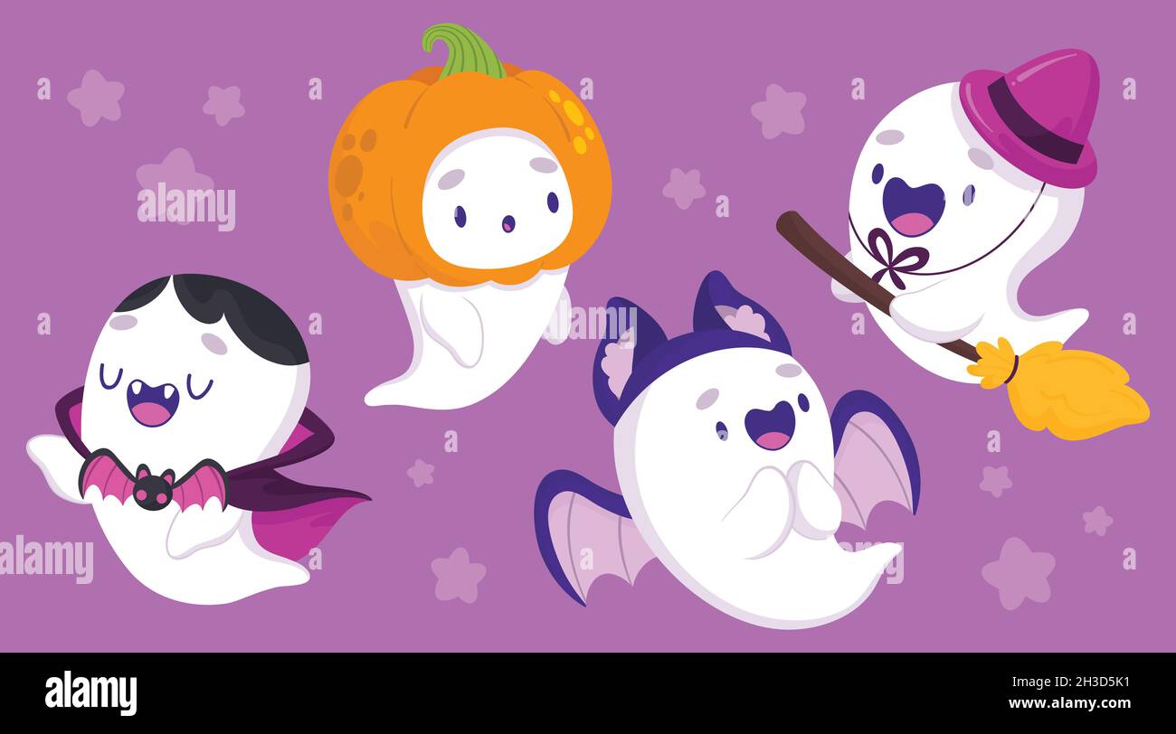 hand drawn halloween ghost collection design vector illustration Stock ...