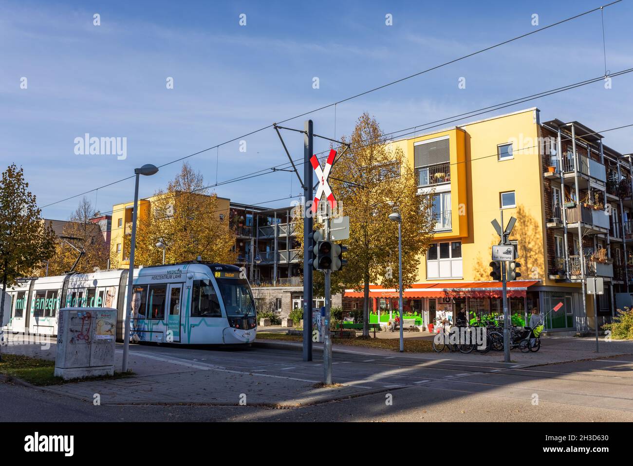 Freiburg, Germany. 27th Oct, 2021. A tram travels through Freiburg's ...