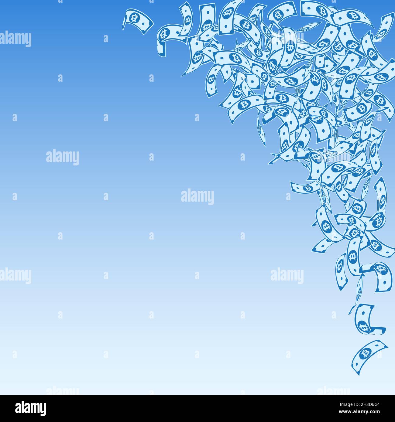 Bitcoin, internet currency notes falling. Small BTC bills on blue sky ...