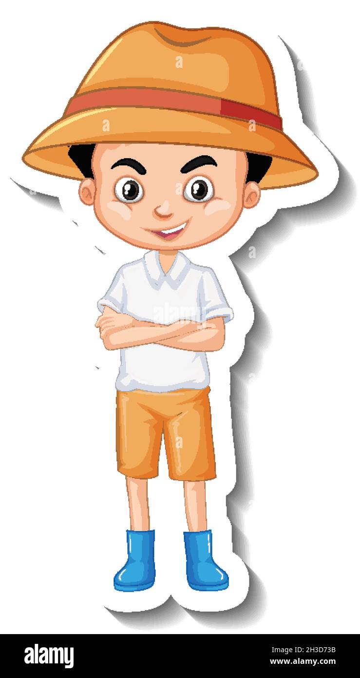 A boy wears hat and boots cartoon character sticker illustration Stock ...