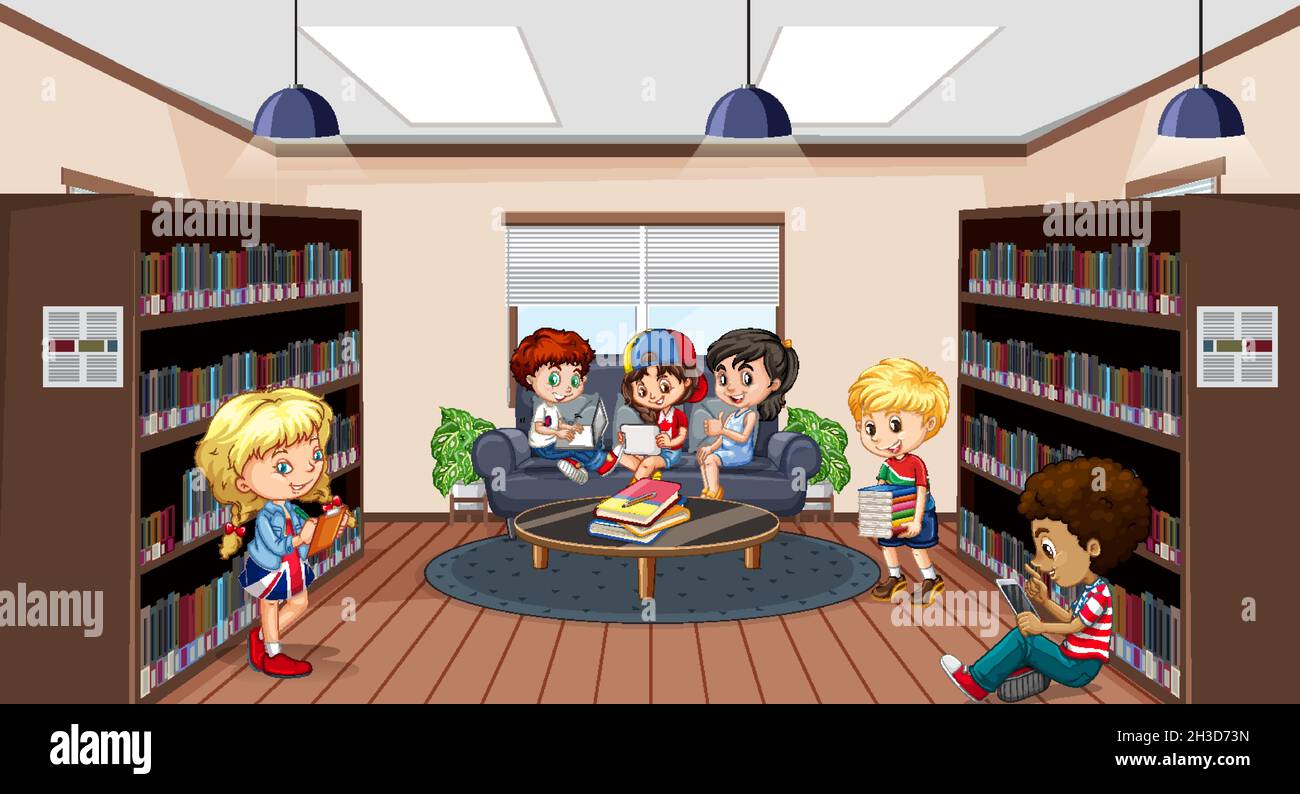 Children reading books in school library illustration Stock Vector ...