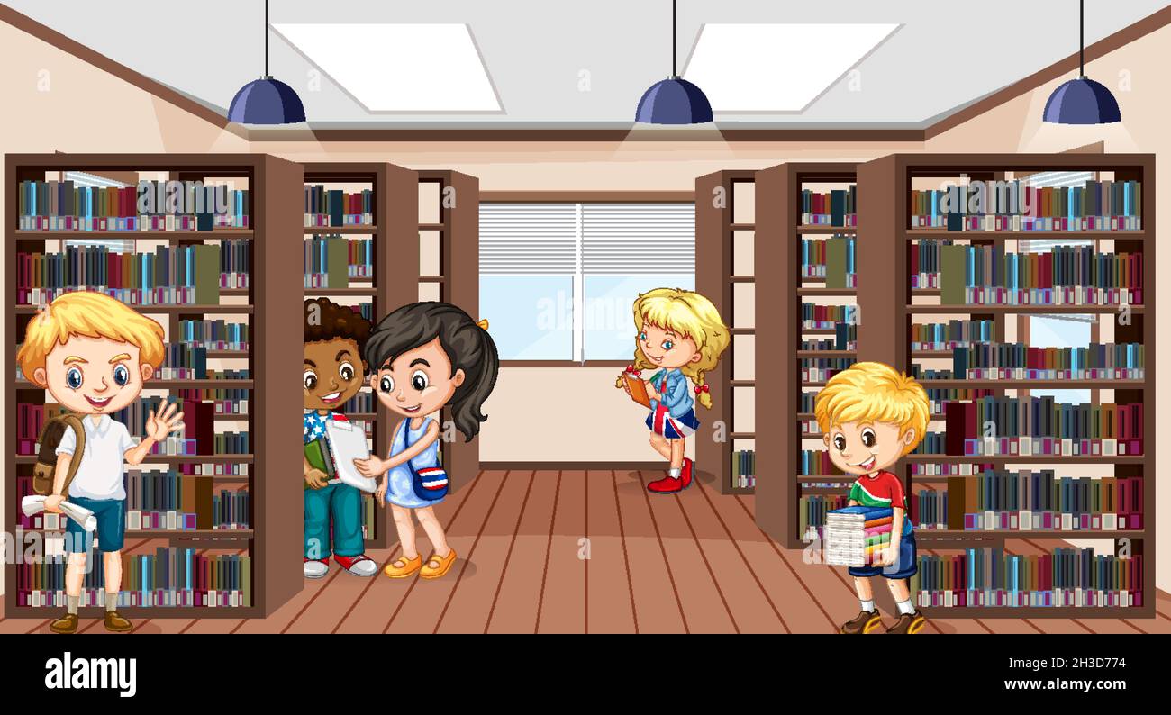School library interior with students illustration Stock Vector Image ...