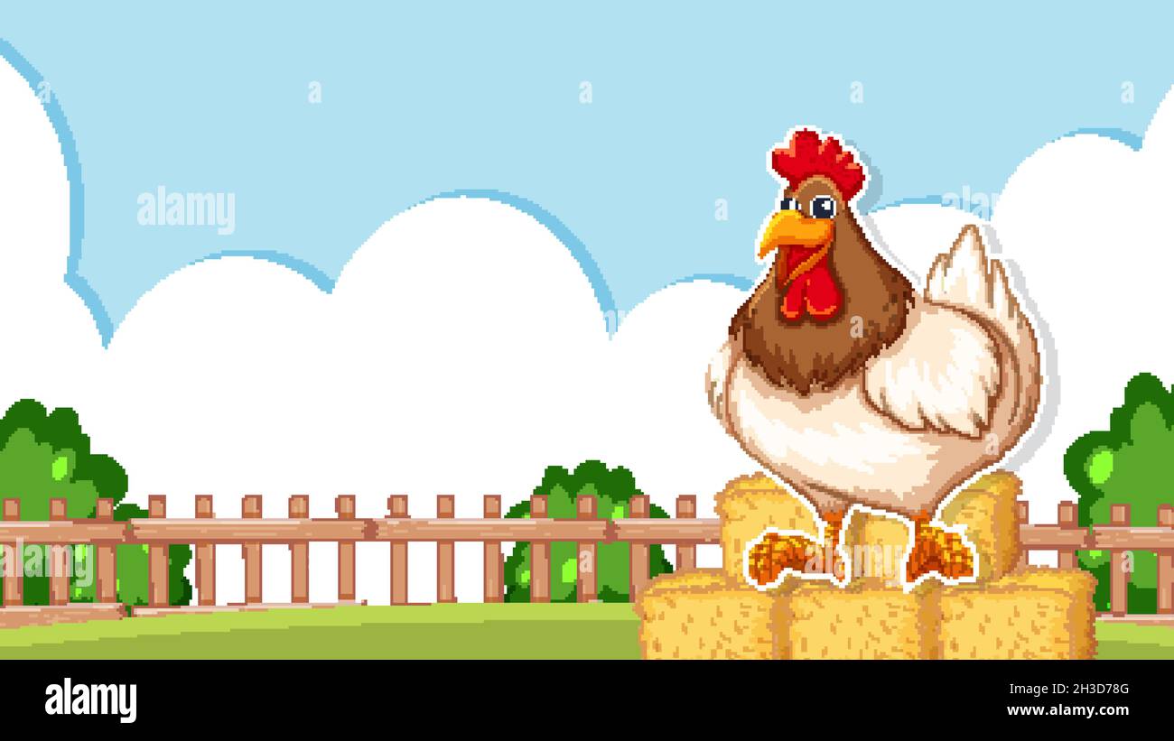 Thumbnail design with chicken on farm background illustration Stock ...