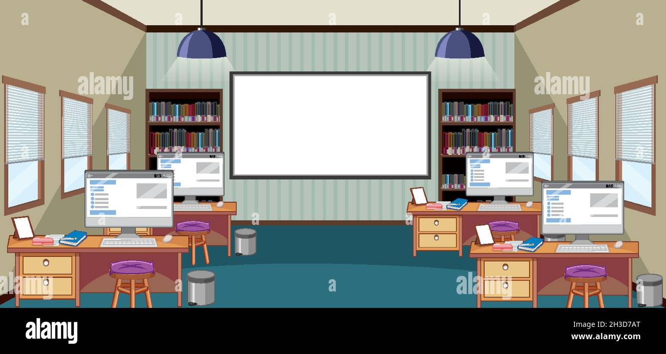 Empty library interior design with bookshelves illustration Stock ...