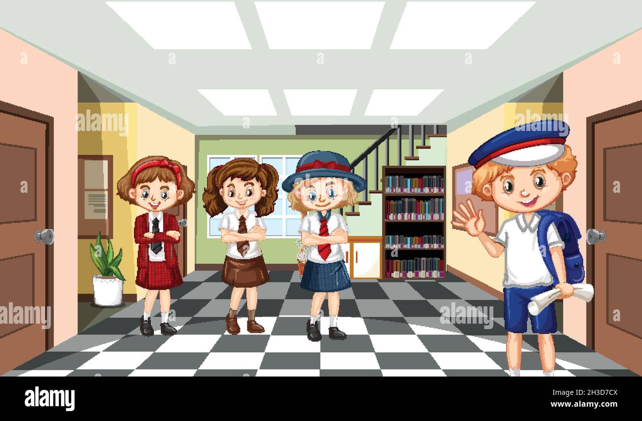 School scene with students cartoon character illustration Stock Vector ...
