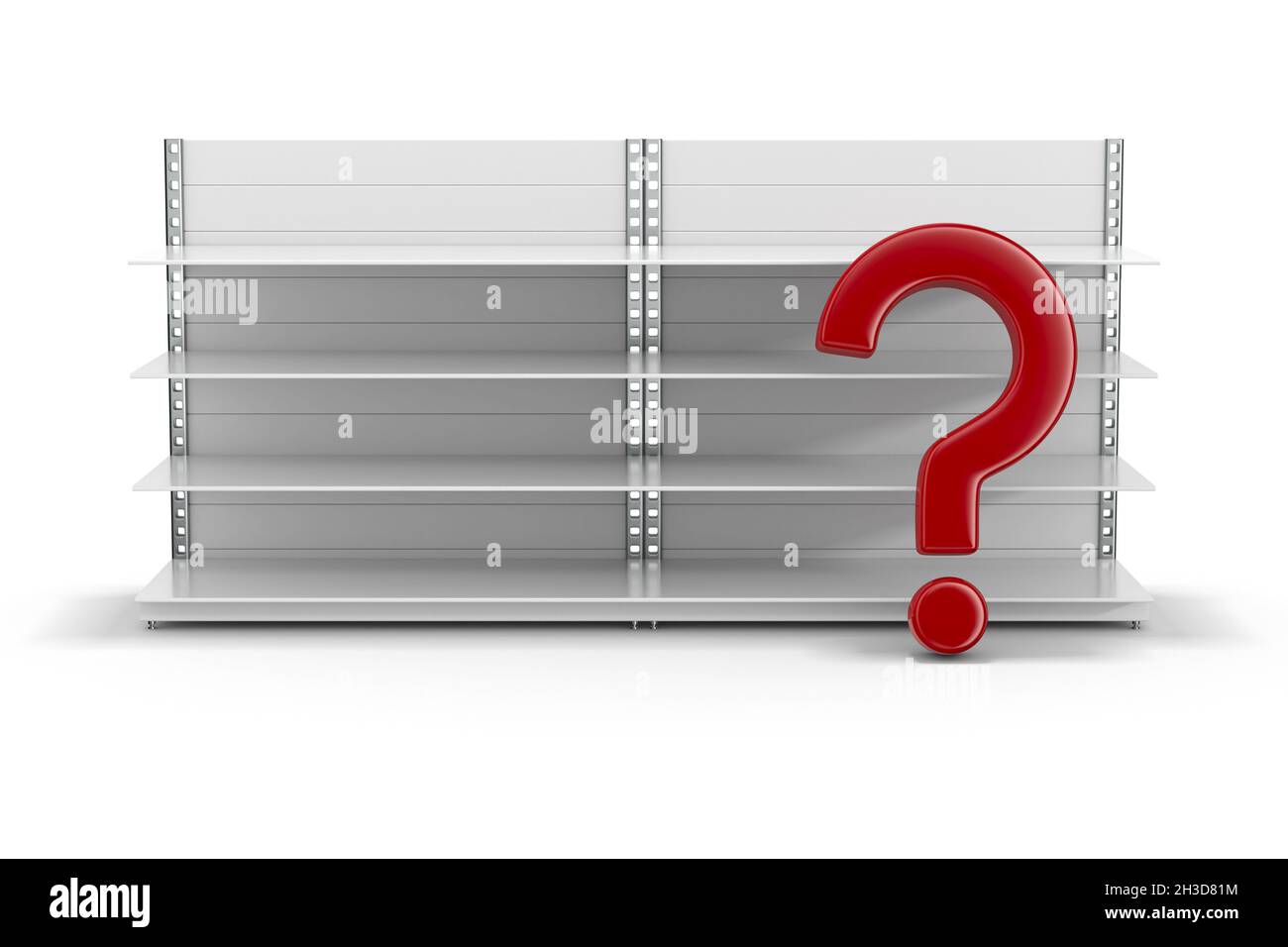 Empty store shelves and question on white background. Isolated 3D ...