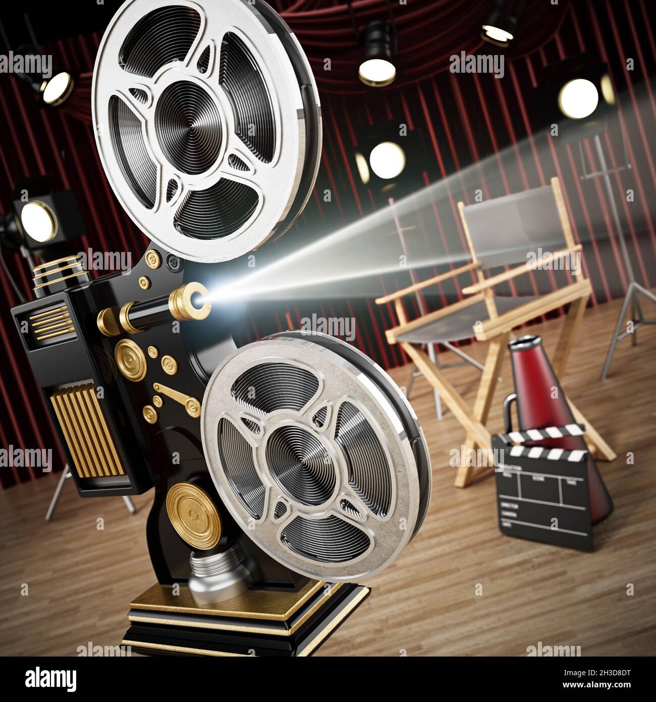 Vintage camera, director's chair, clapperboard and horn in studio. 3D ...