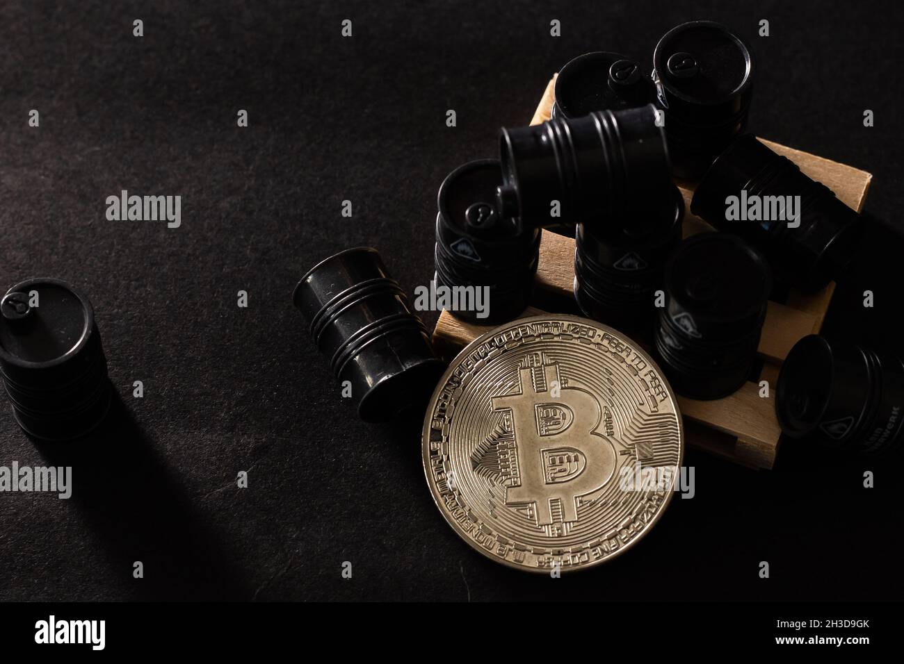 toy barrels and bitcoin model scene represent business and finance ...