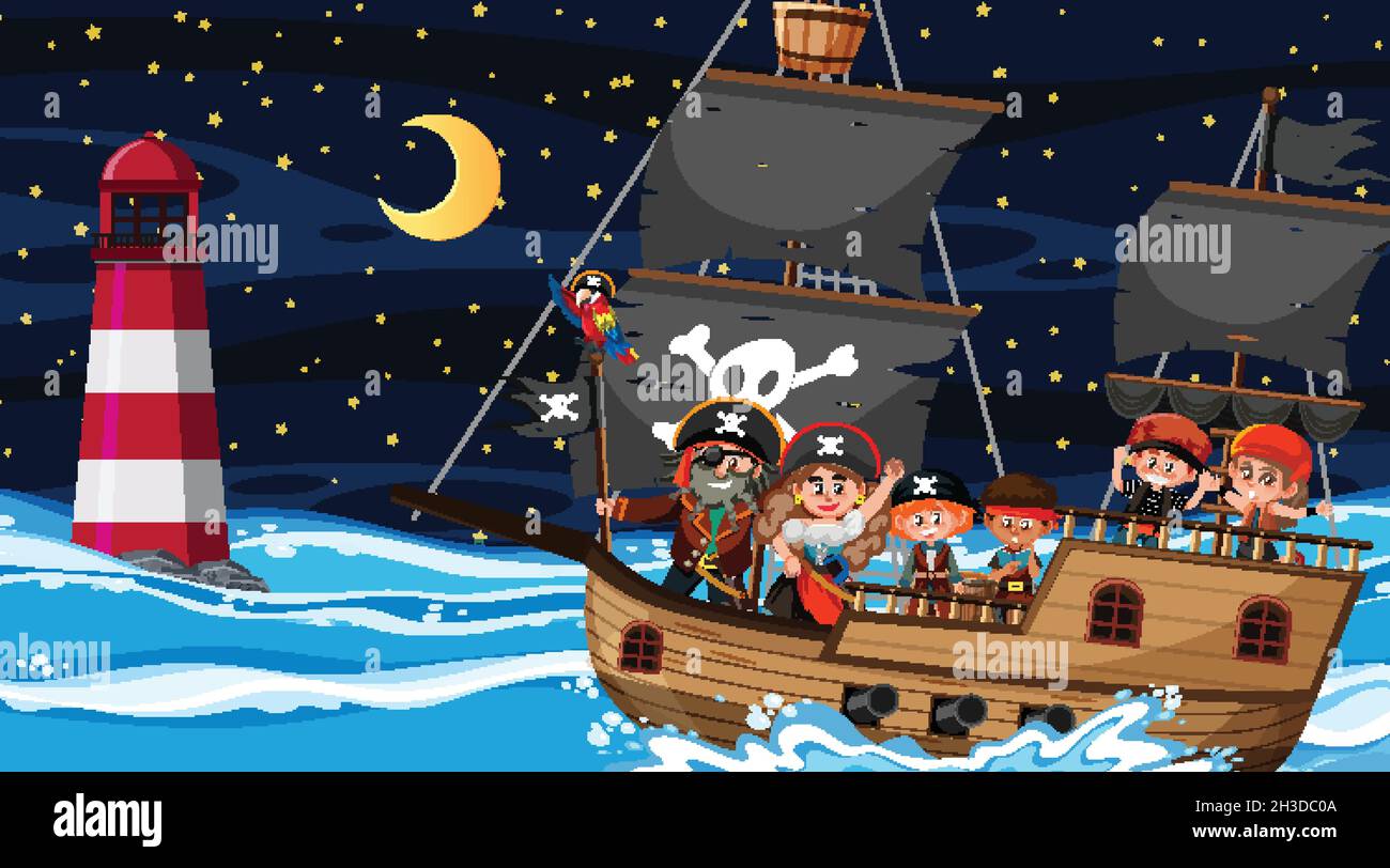 Ocean scene at night with Pirate kids on the ship illustration Stock ...