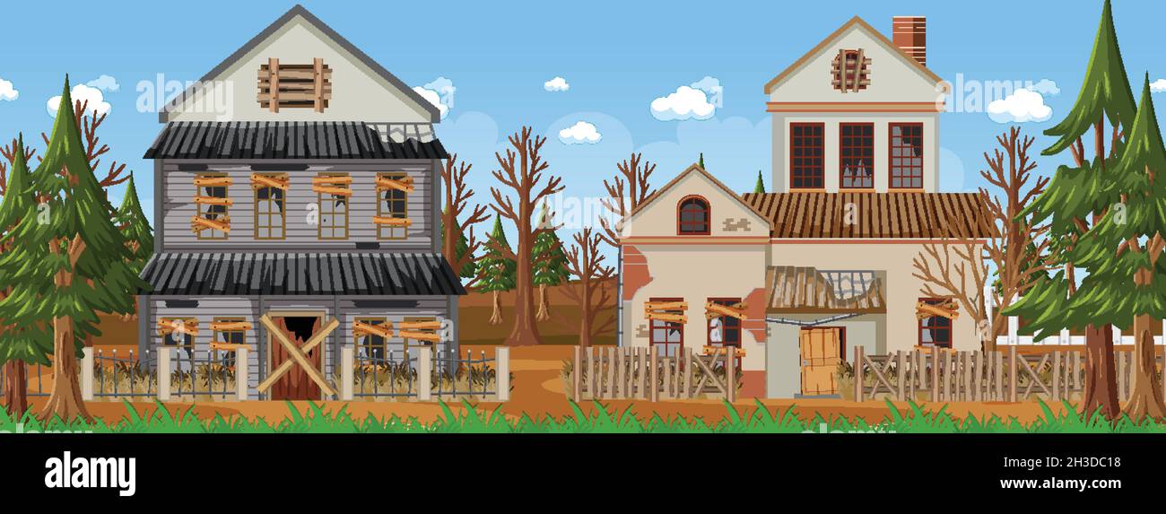 Abandon empty rutal town with old broken house background illustration ...