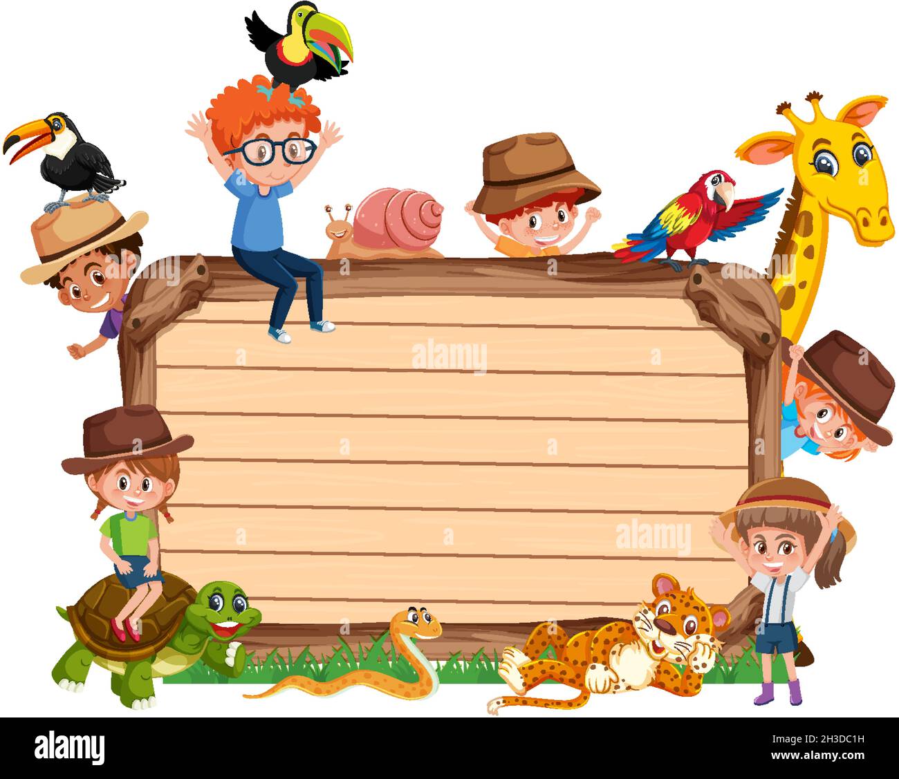 Empty wooden board with kids and zoo animals illustration Stock Vector ...