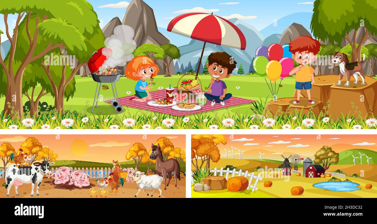 Set of outdoor panoramic landscape with cartoon character illustration ...