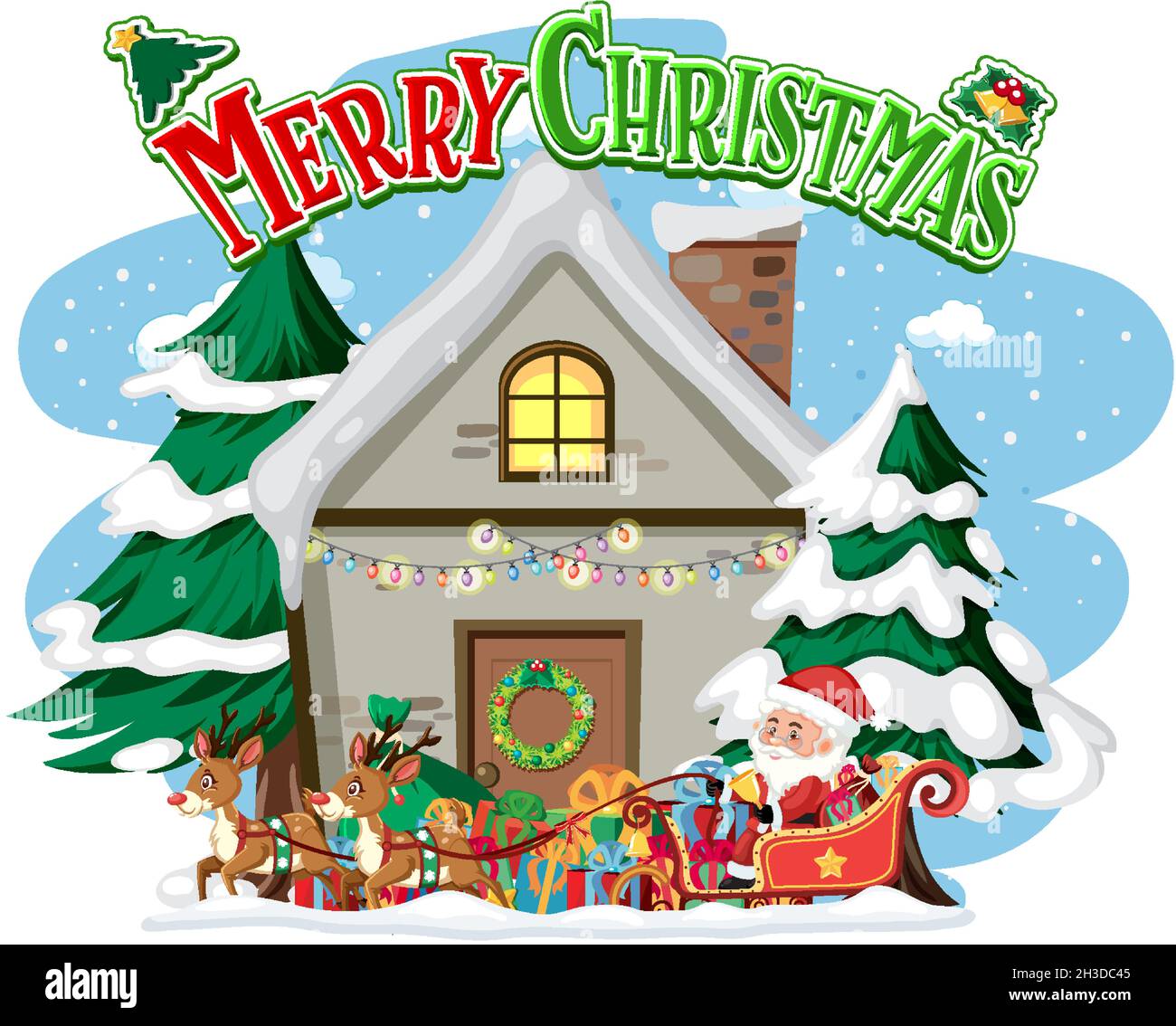 Merry Christmas text logo with winter house and decorations ...